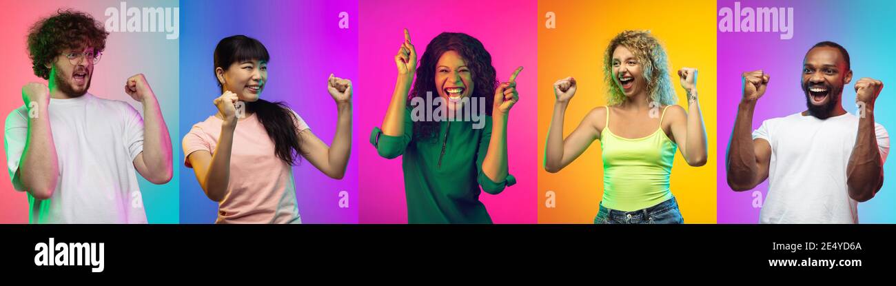 Celebrating. Portrait of young cheerful people on neon gradient ...
