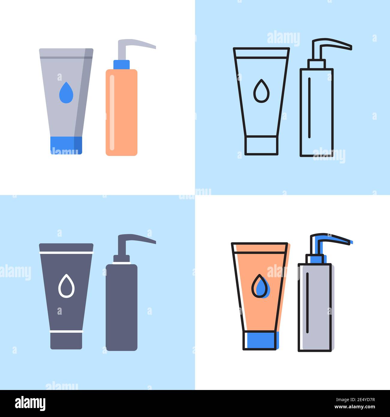 Cosmetic bottles icon set in flat and line styles. Lotion and cream ...