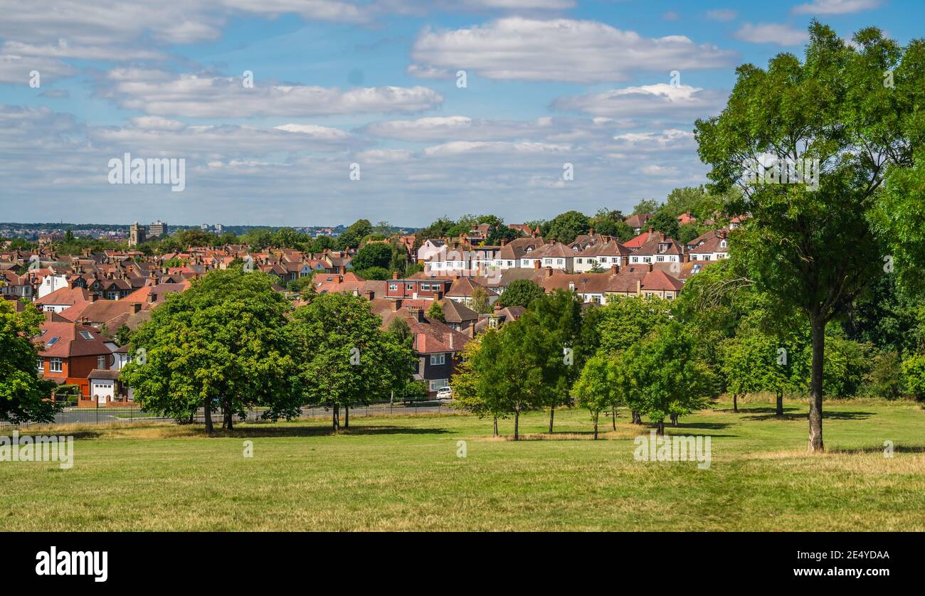 Small houses of a town behind the trees Stock Photo - Alamy