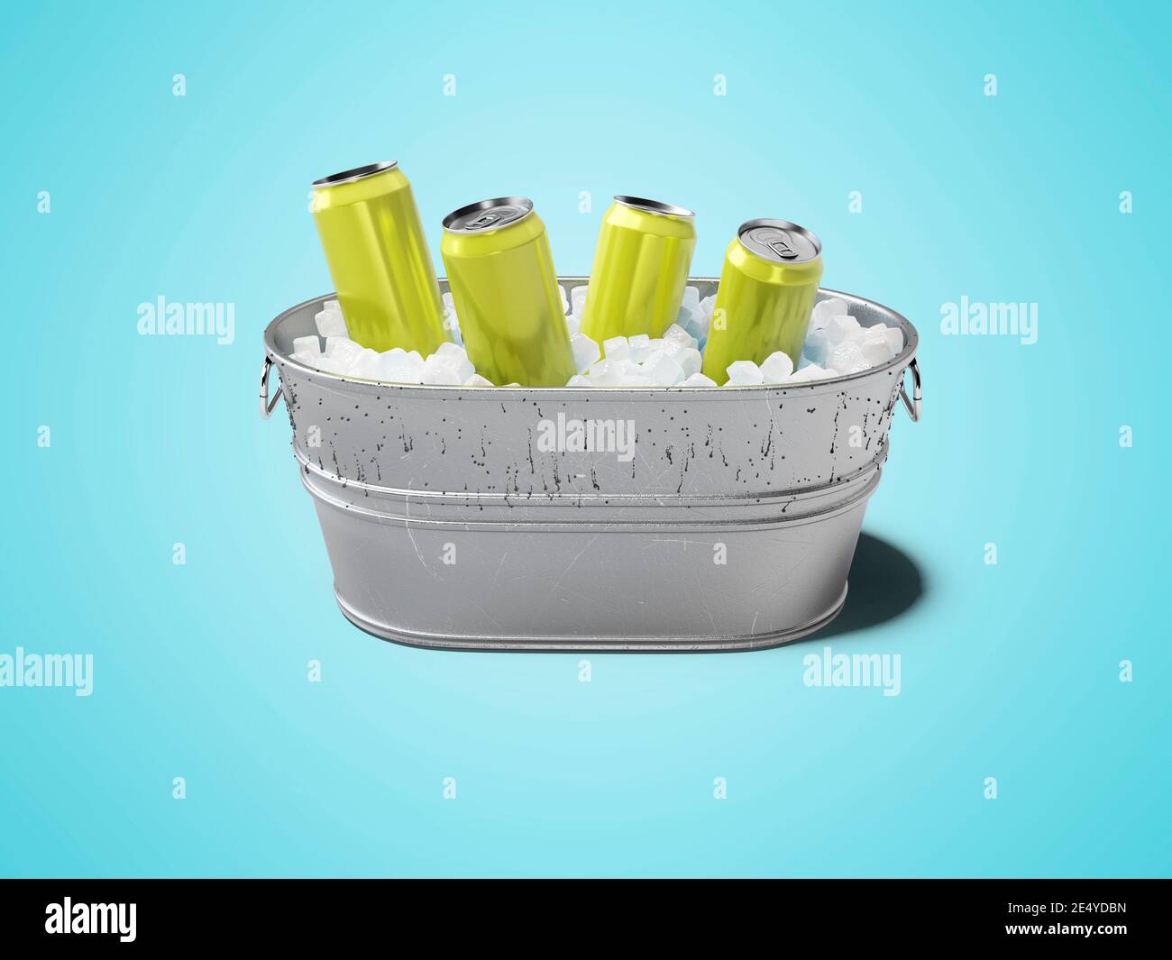 3d rendering of cans of cold drink in cold ice on blue background with ...