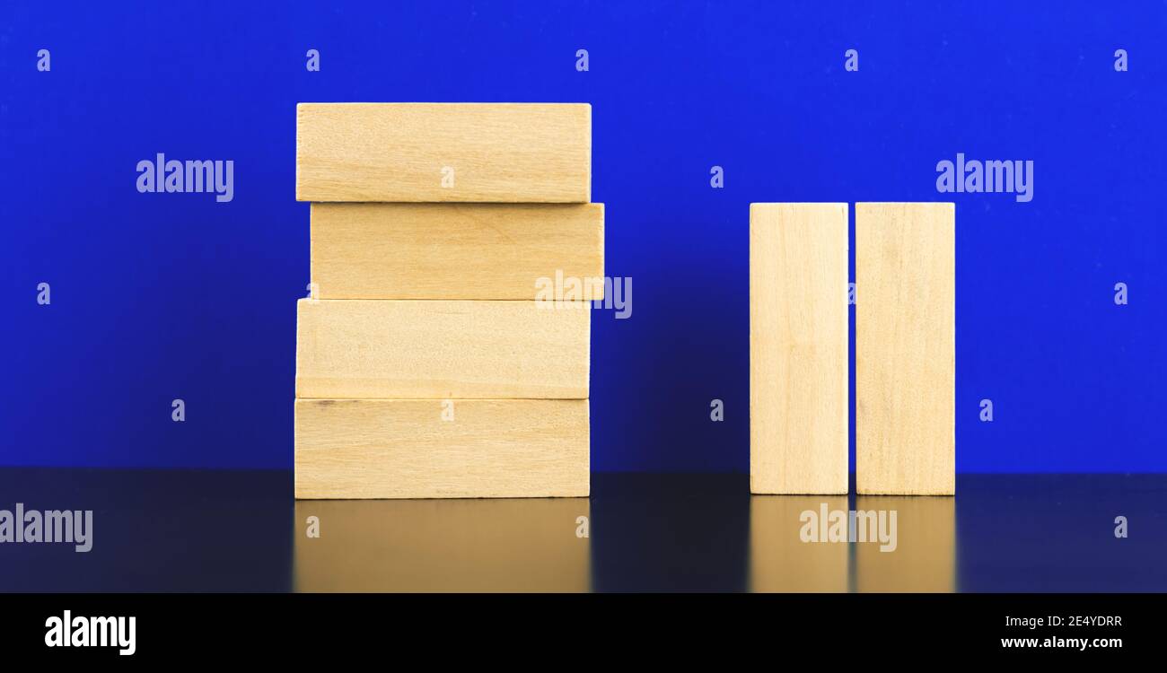 Business template, mockup banner, wooden pegs, blocks on a table, blue ...