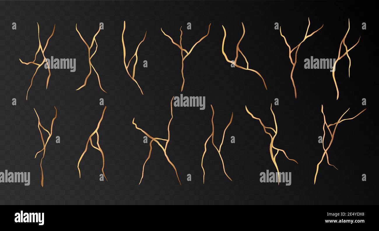 Golden kintsugi cracks set isolated on black. Abstract hand drawn ...