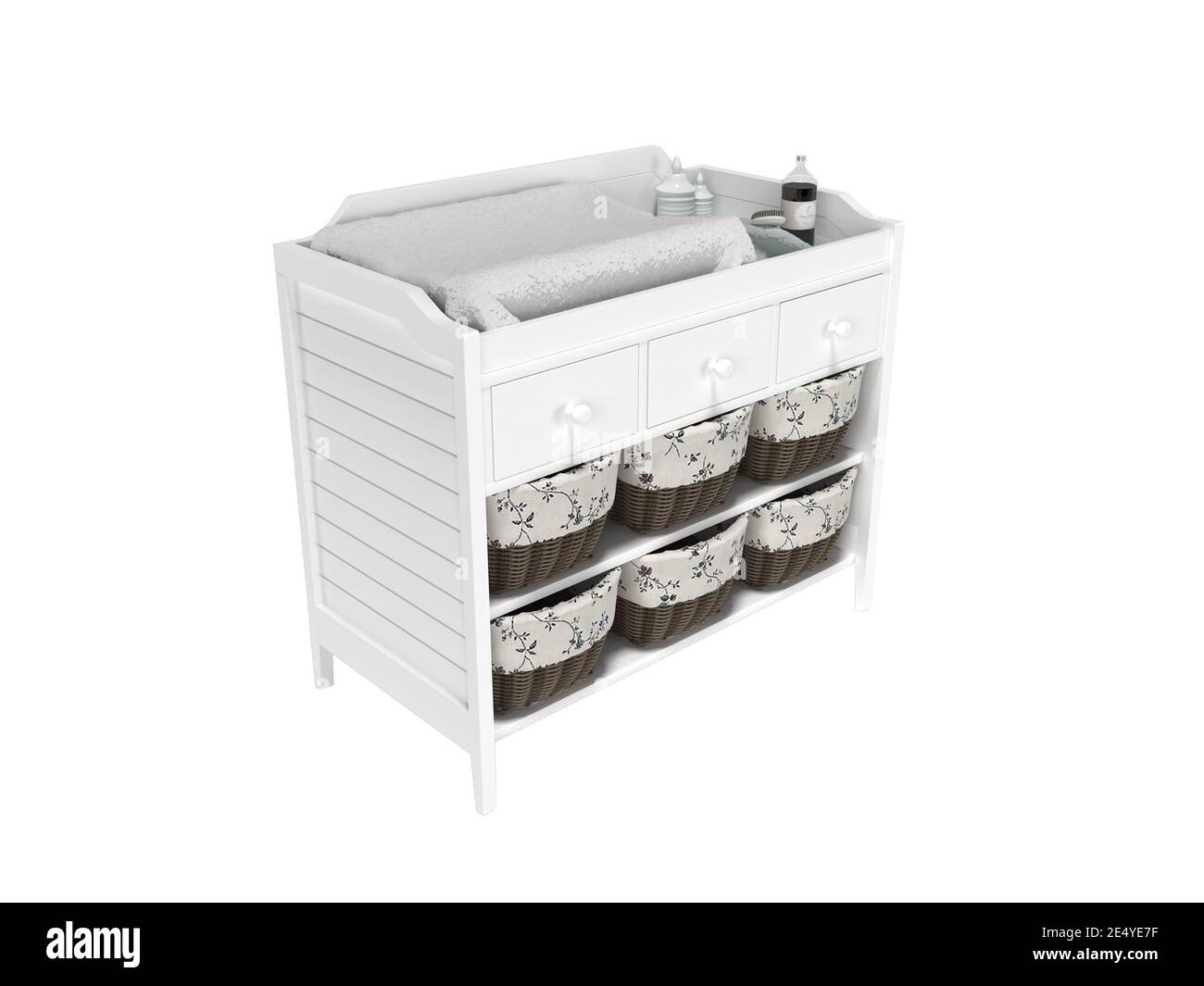 3d rendering of wooden changing table with baskets against white ...