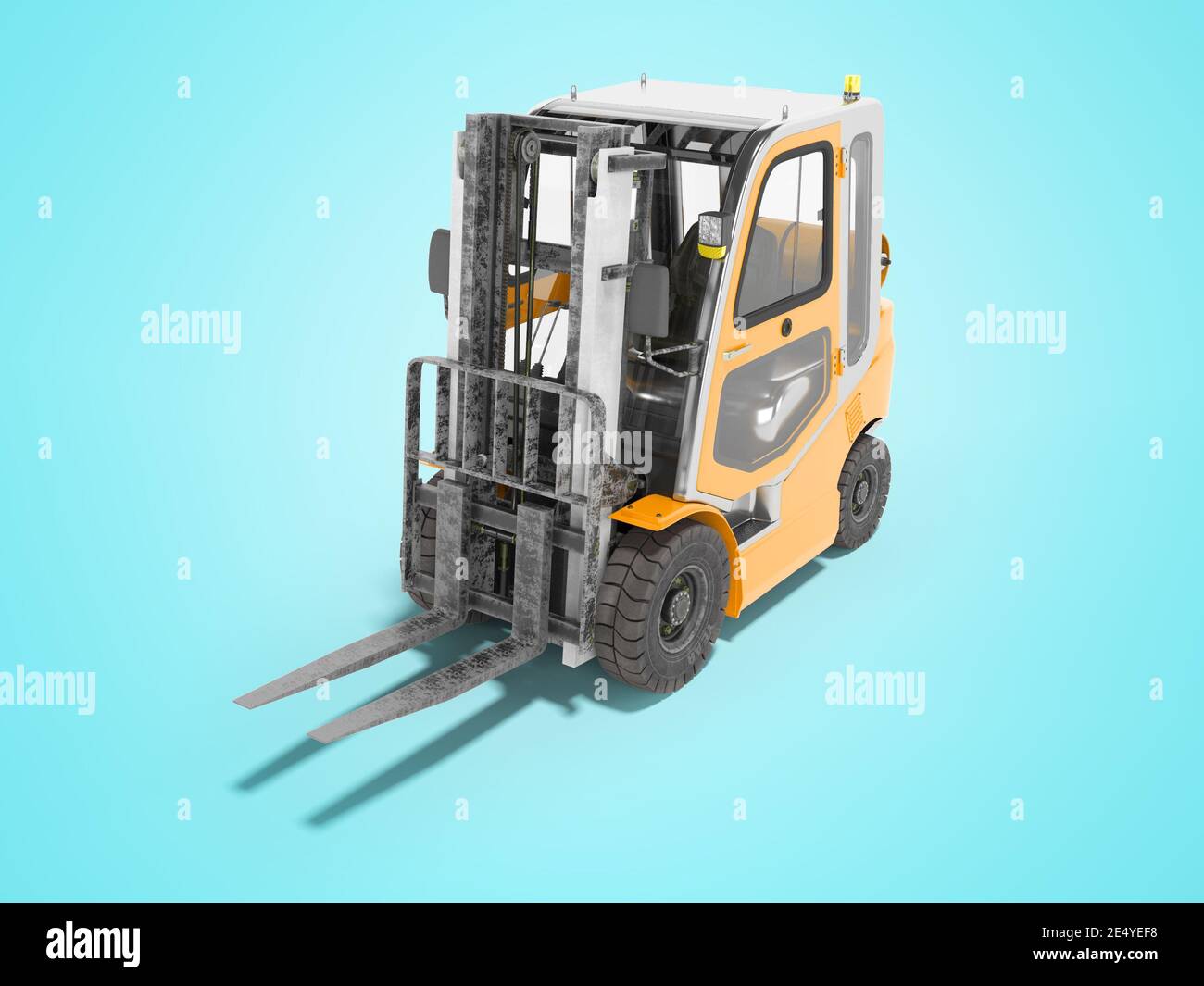3d rendering orange forklift with cab on blue background with shadow ...