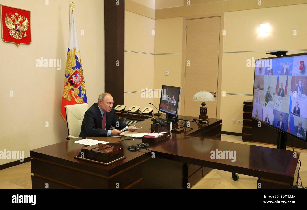Russian President Vladimir Putin, chairs a video conference meeting on ...