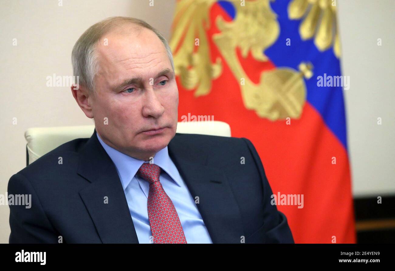 Russian President Vladimir Putin, chairs a video conference meeting on ...