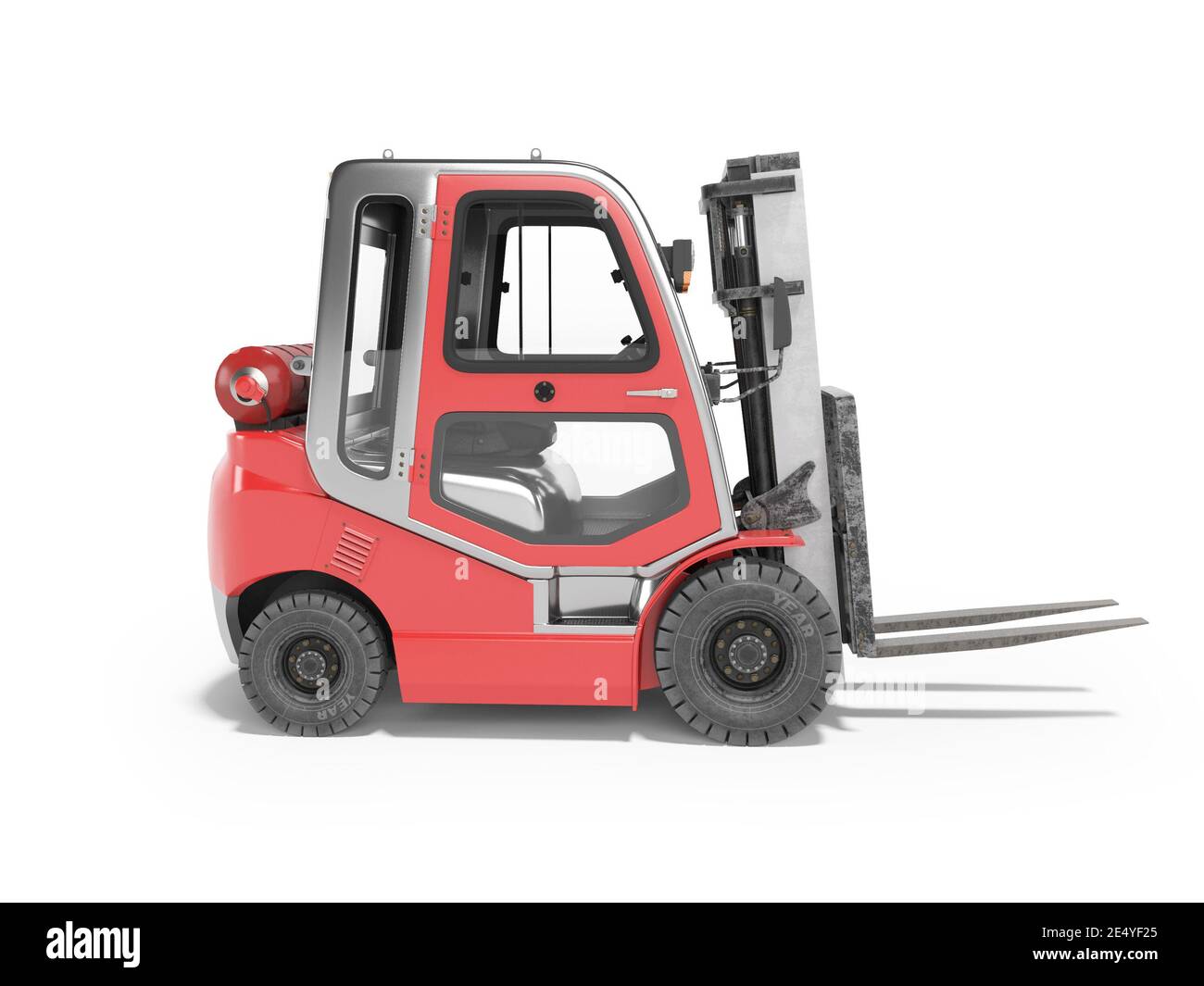 3d rendering red side view gas forklift for warehouse side view on ...