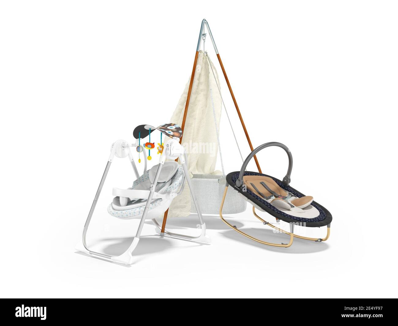 3D rendering set for sleeping baby, rocking crib and rocking chair with ...