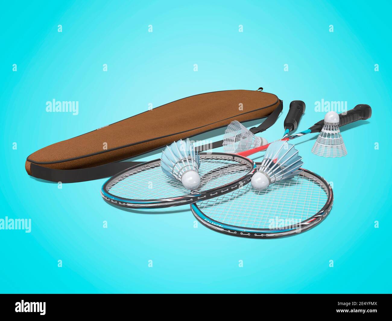 3d rendering set of badminton rackets for adults on blue background ...