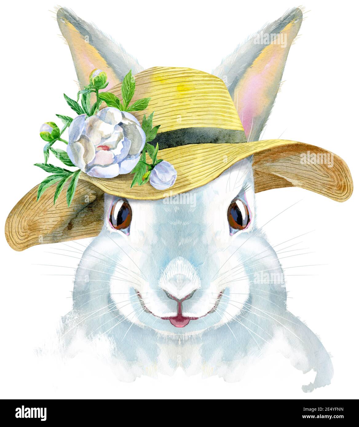 Cute white rabbit in summer hat with flower on white background with ...