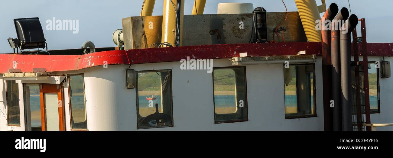 Panorama view of the bridge cabin of old ship with view of english ...