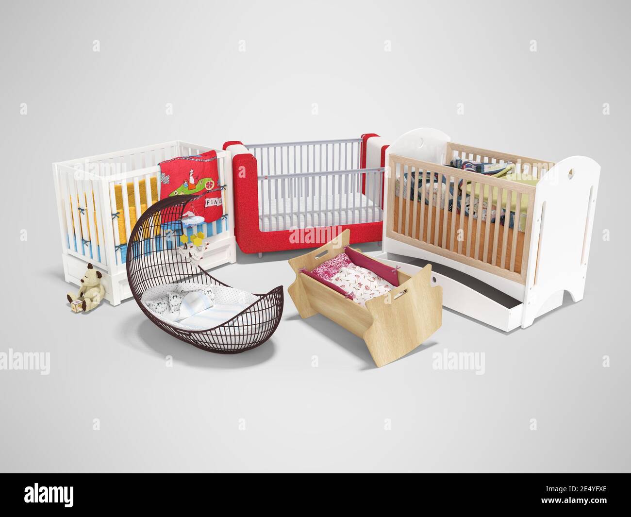 3d rendering set of cribs for baby on gray background with shadow Stock ...