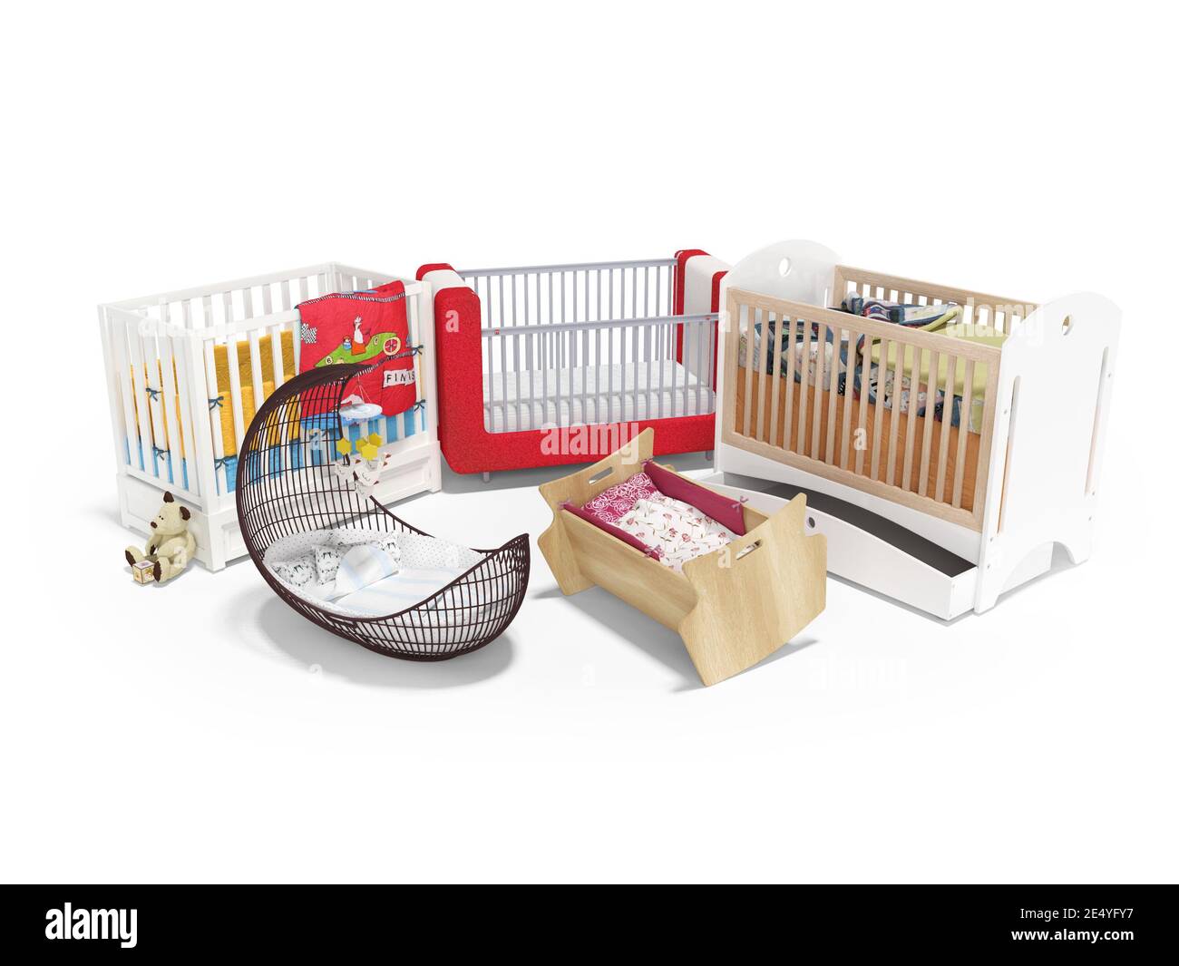 3d rendering set of cribs for baby on white background with shadow ...