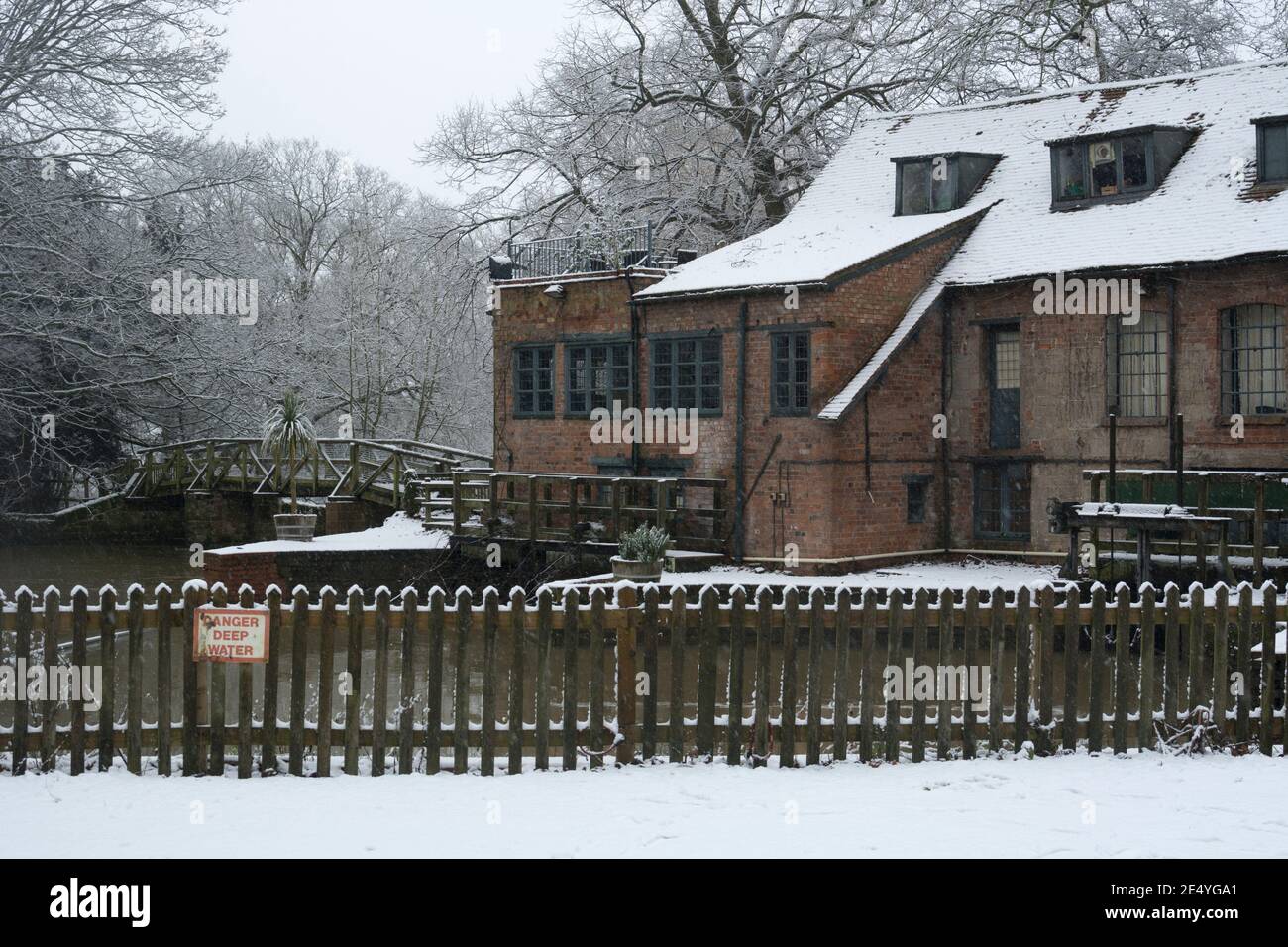 Rear view of the Saxon Mill restaurant in snowy weather, Warwick ...