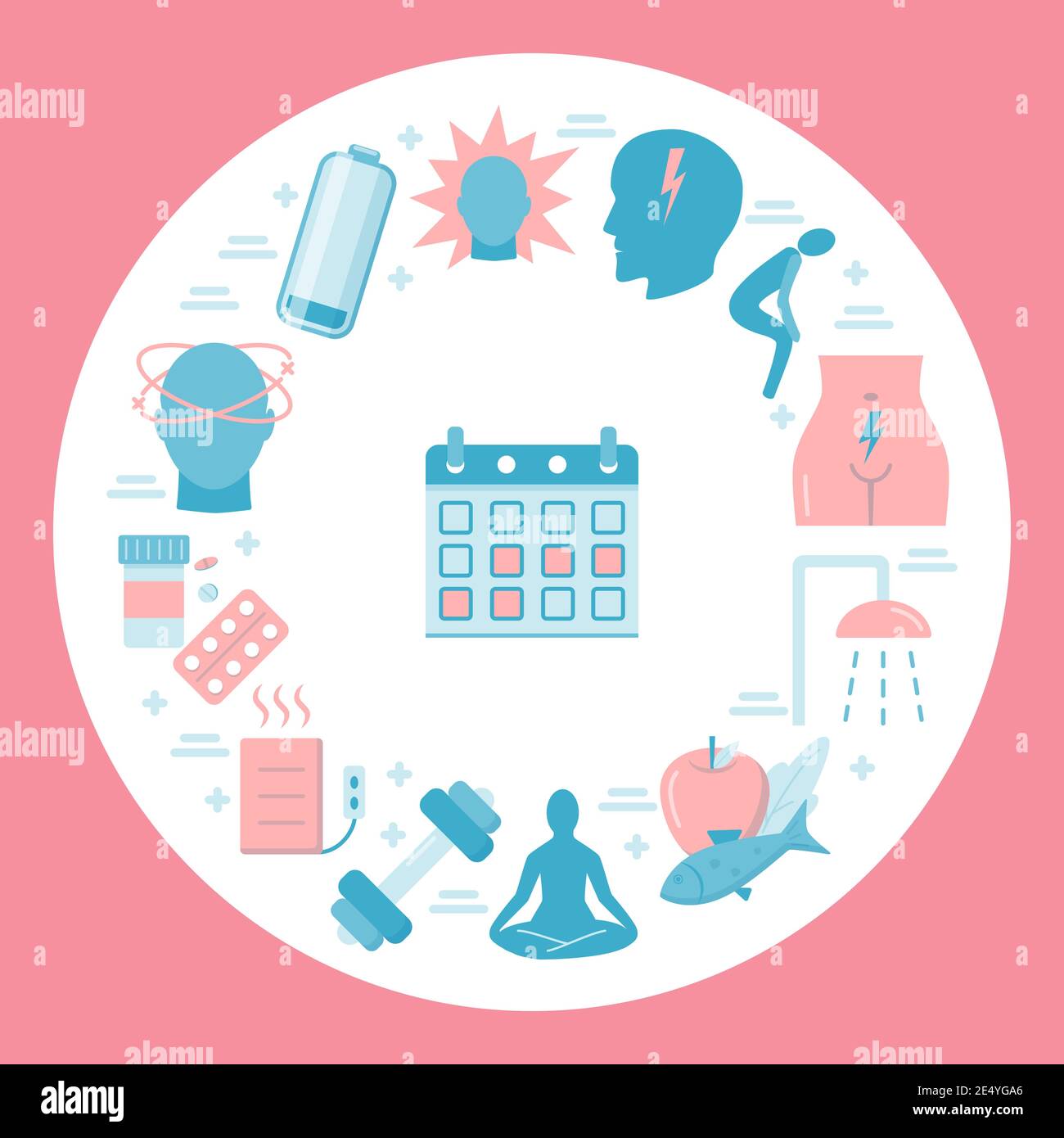 Menstruation round concept banner in flat style. Menstrual pain symptoms and treatment icons ...
