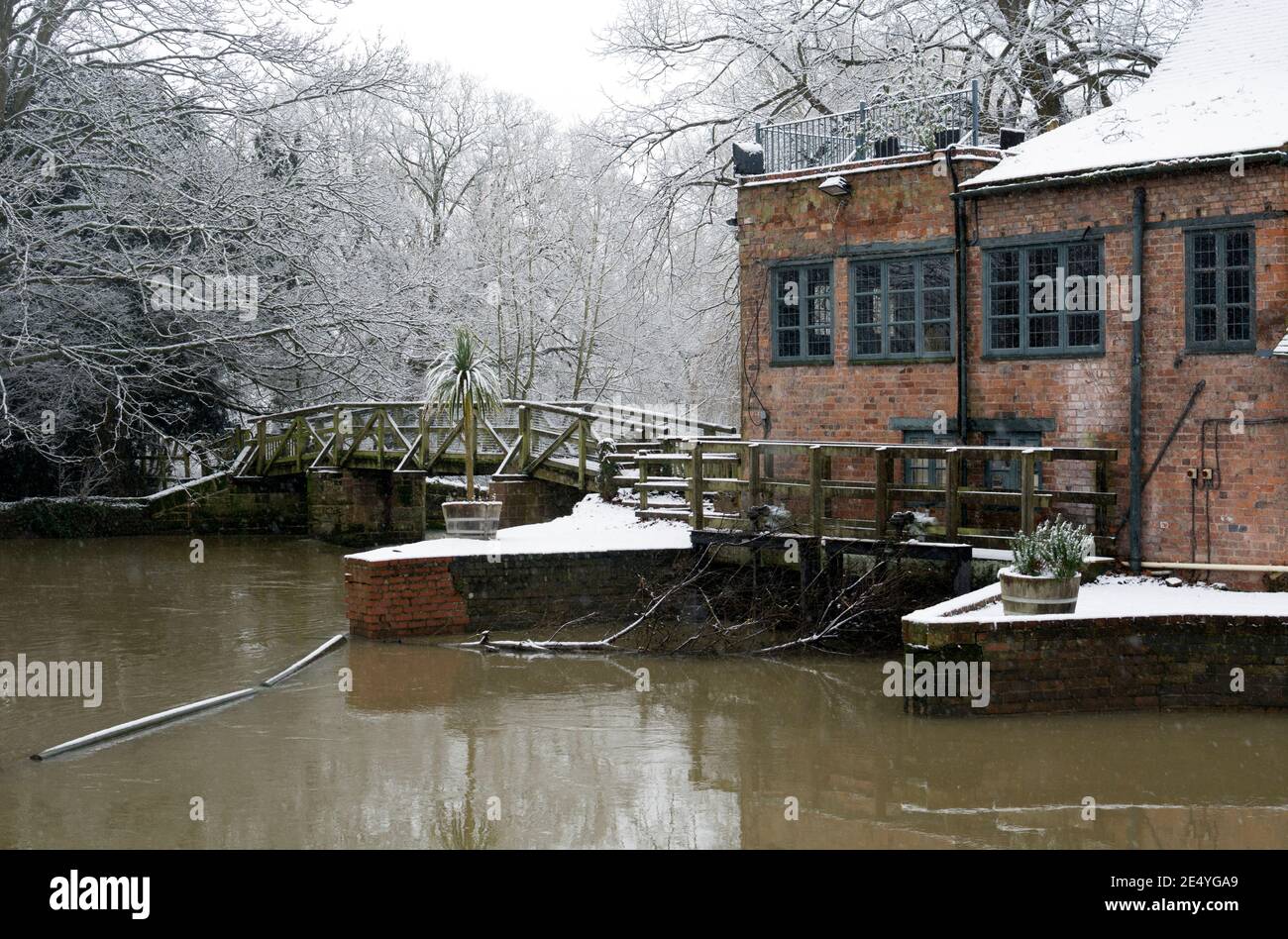 Rear view of the Saxon Mill restaurant in snowy weather, Warwick ...