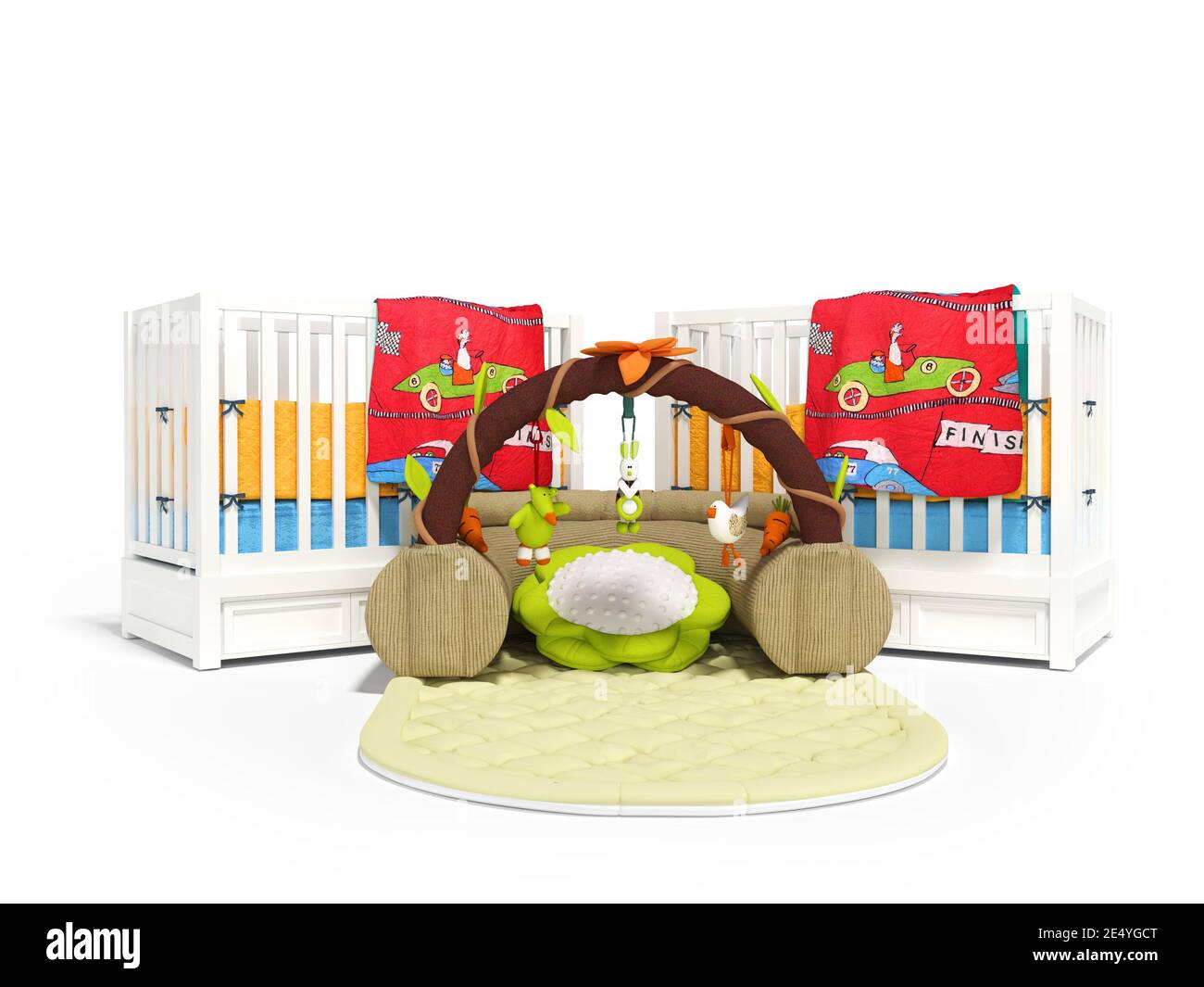 3D rendering white two wooden cribs for child with play mat on white ...