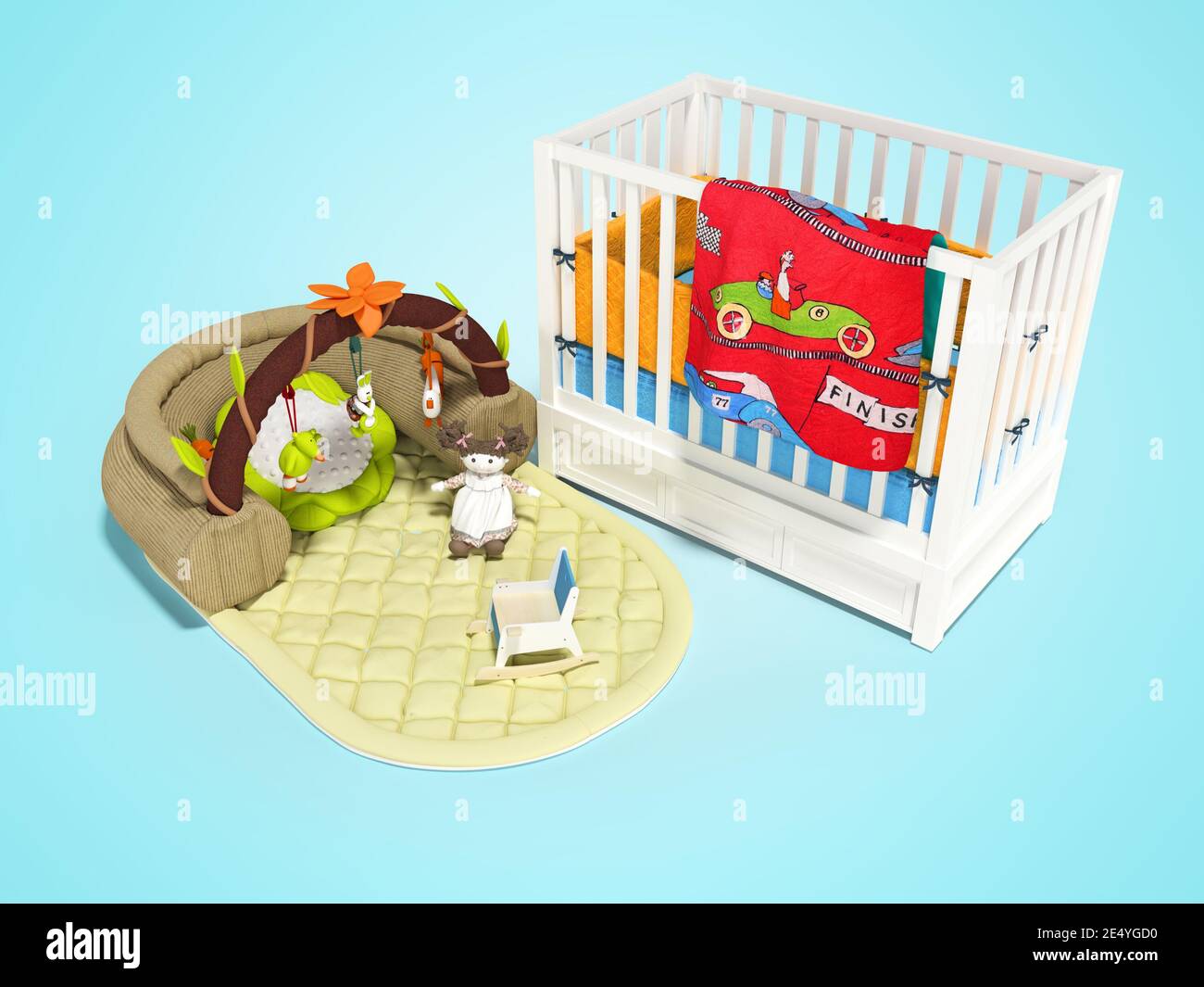 3d rendering white wooden crib for child with play mat with toys on ...