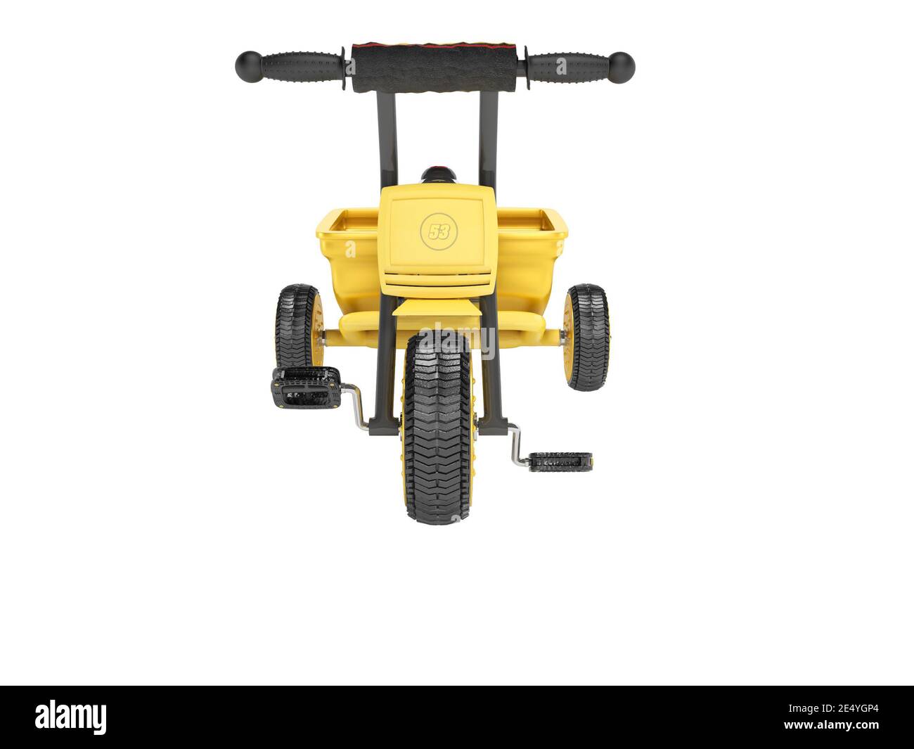 3D rendering yellow tricycle for child with trunk front view on white ...