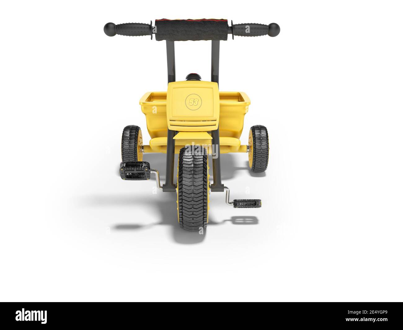 3D rendering yellow tricycle for child with trunk front view on white ...