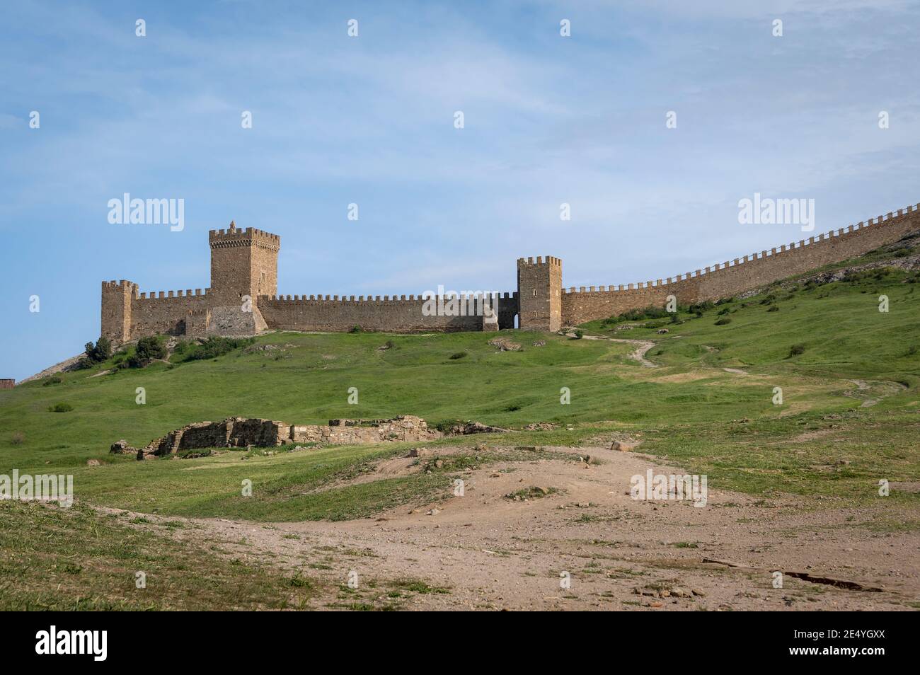 Wall and towers of Genoese fortress of the 14th century in the Sudak ...