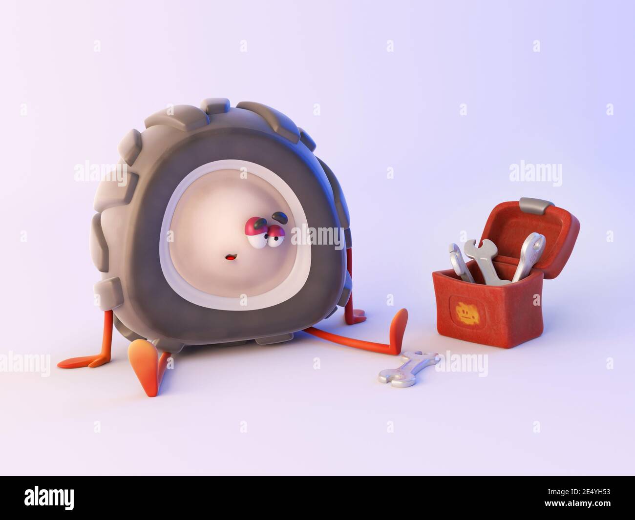 Concept 3d rendering broken wheel cartoon character under repair Stock ...