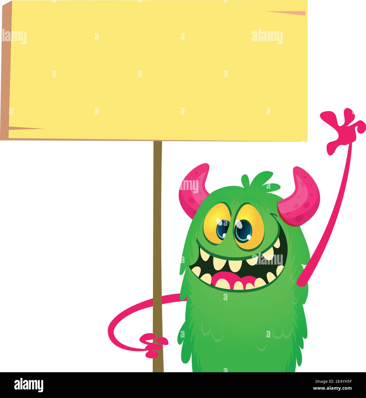 Funny cartoon monster holding blank wooden or paper board for text ...