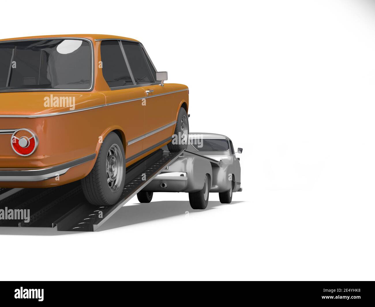 3d rendering concept of loading car on tow truck isolated rear view on ...