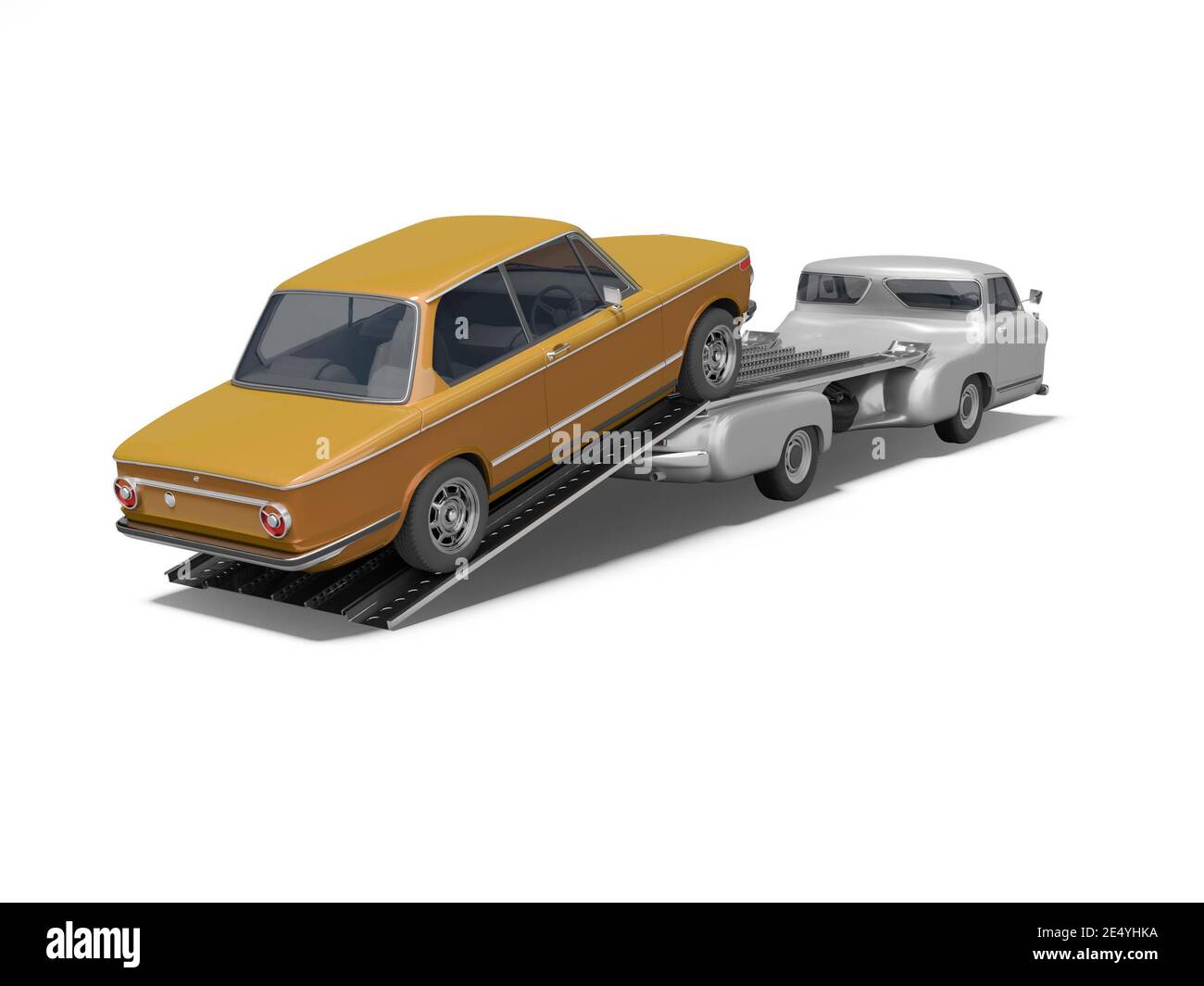 3d rendering concept of loading car on tow truck on white background ...