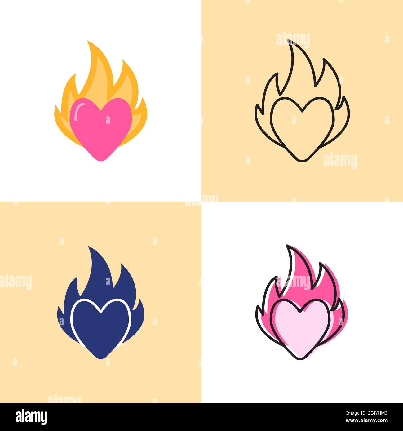 Heart on fire icon set in flat and line styles. Symbol of passion ...