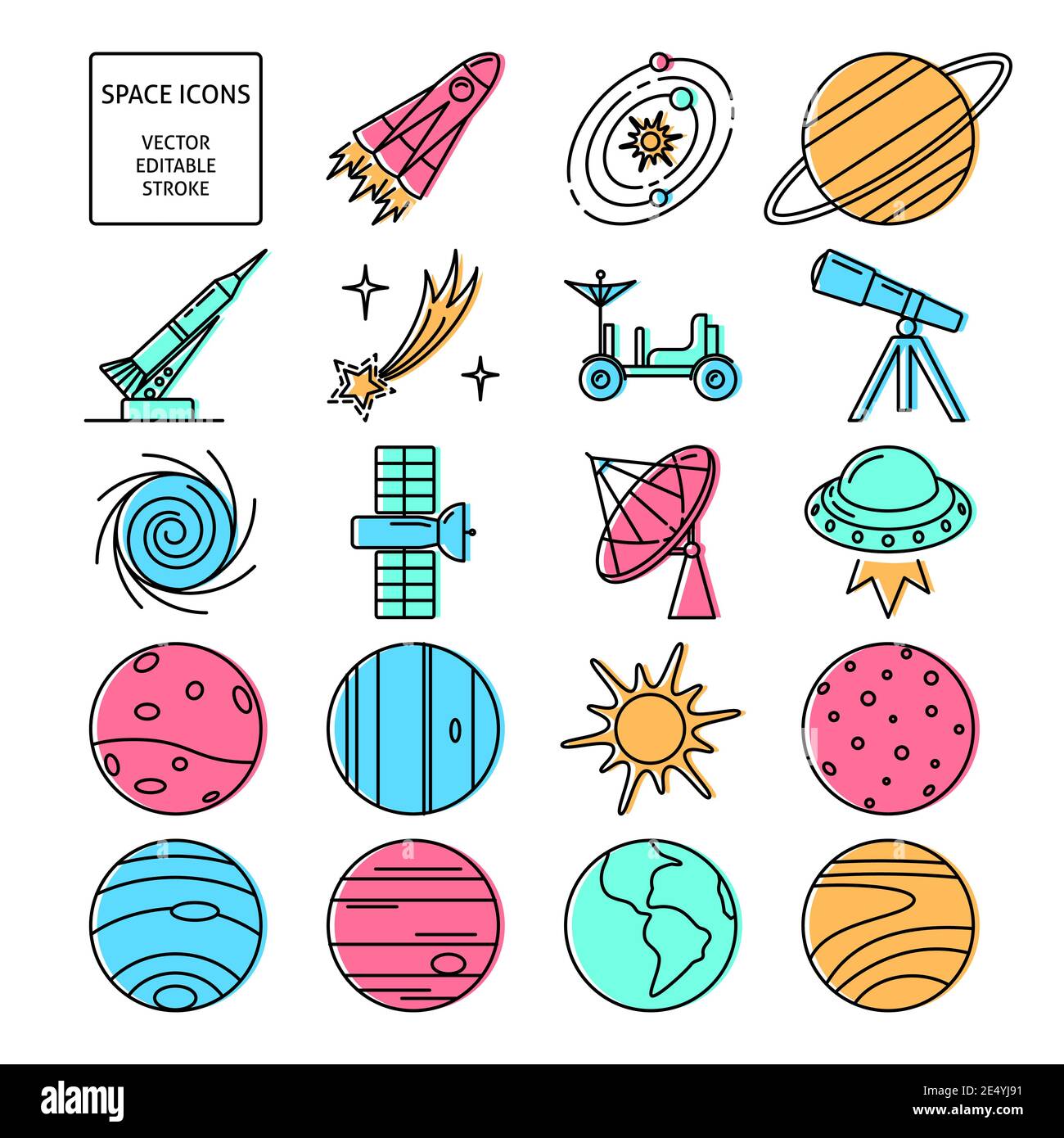Space icons collection in thin line style. Spaceship, sun, UFO, planets ...