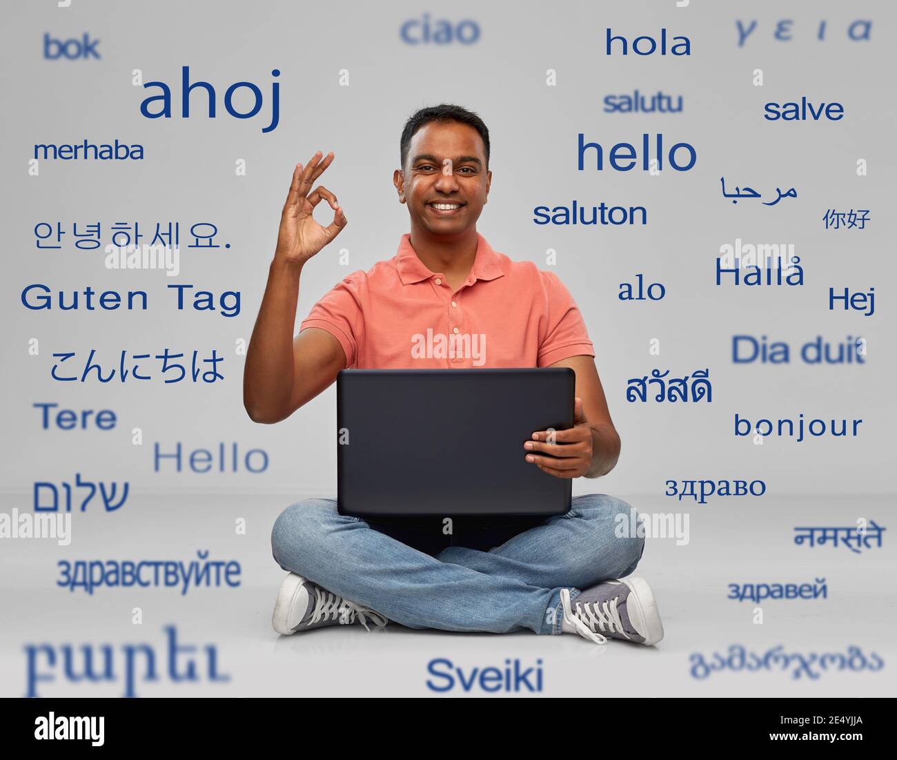 happy indian man with laptop computer showing ok Stock Photo - Alamy