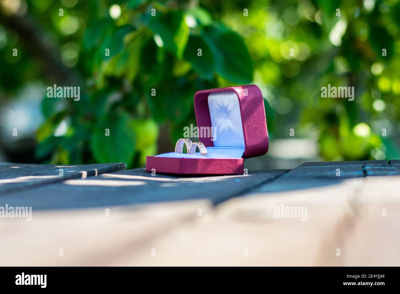 Two wedding rings in a red velvet box during a wedding Stock Photo - Alamy