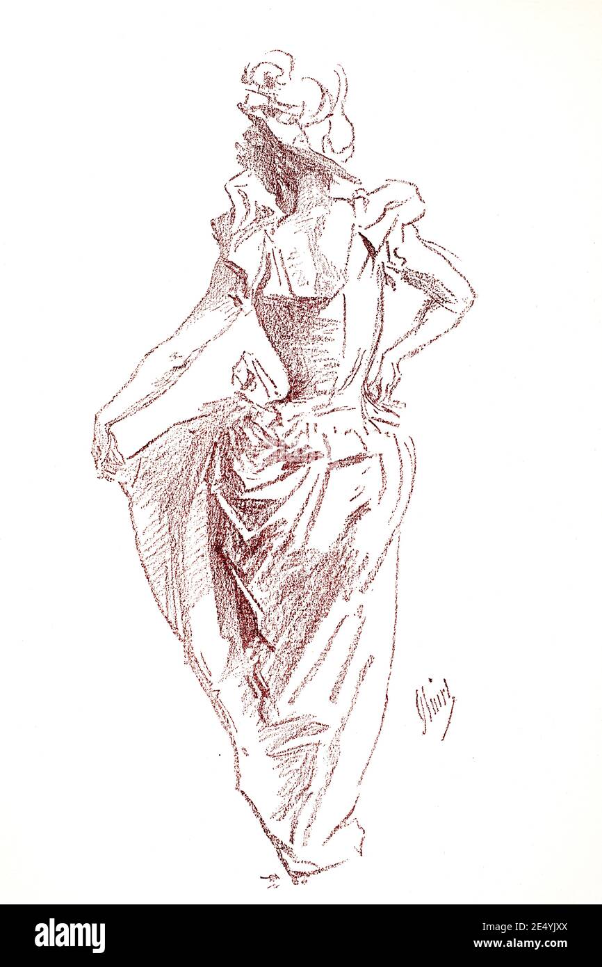 Chalk drawing of well dressed woman from rear by Jules Cheret in 1897 ...