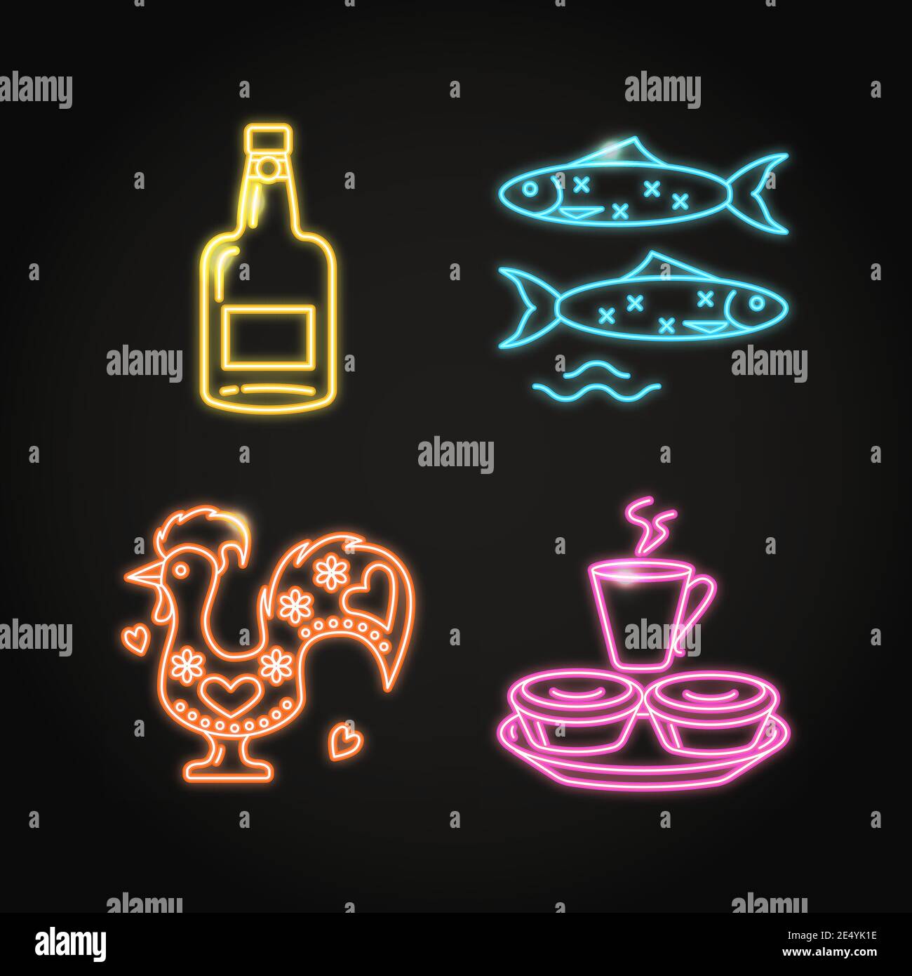 Portugal food, wine and culture icons set in glowing neon style ...