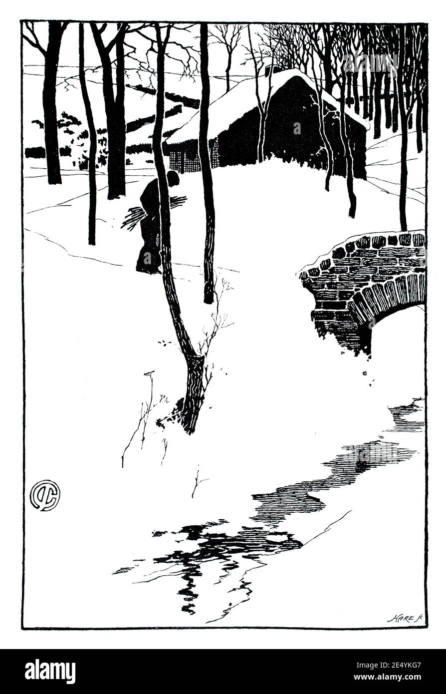 man gathering sticks in snow, line illustration Scottish artist James ...