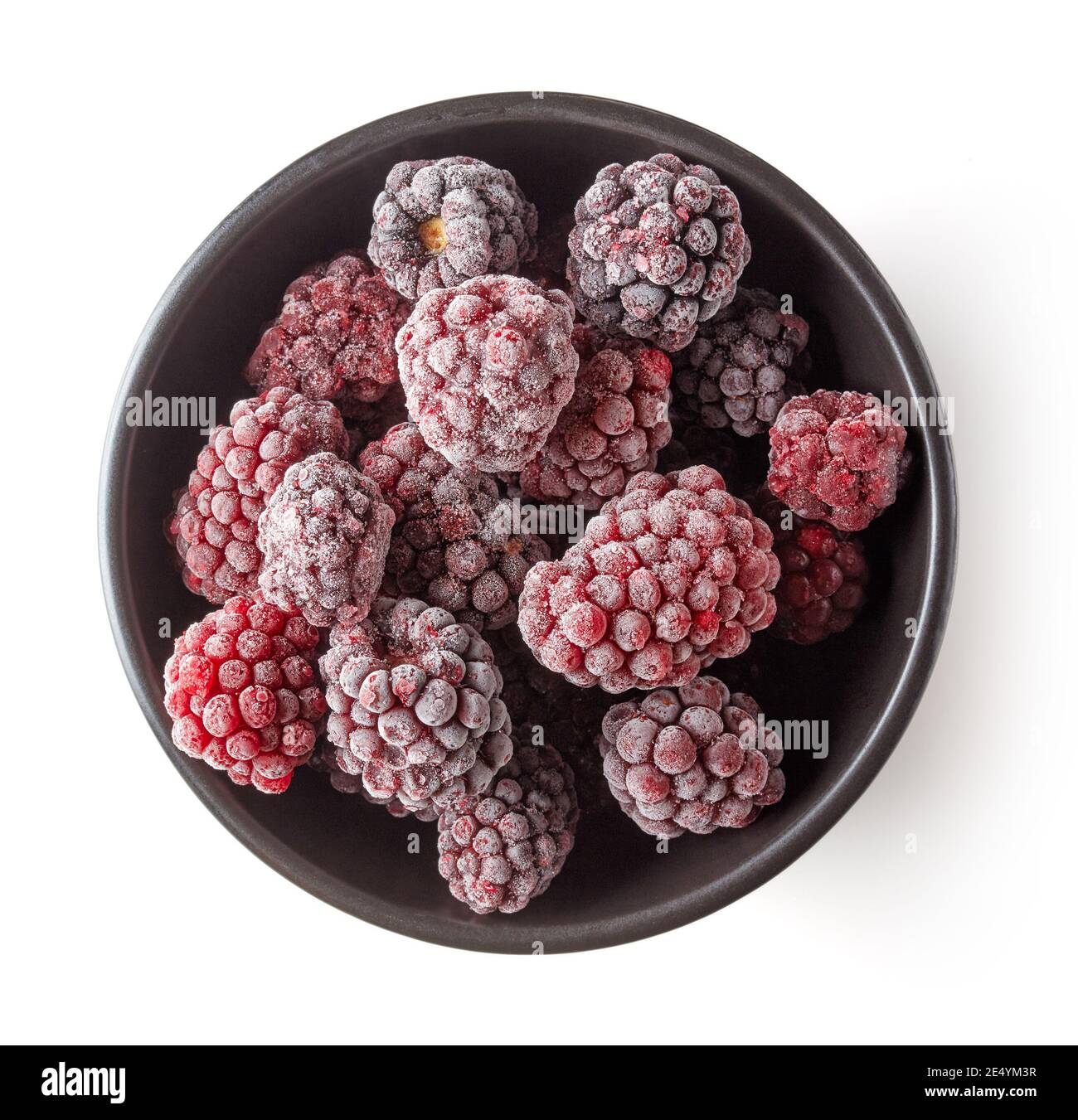 Black bowl of frozen blackberries isolated on white background, top ...