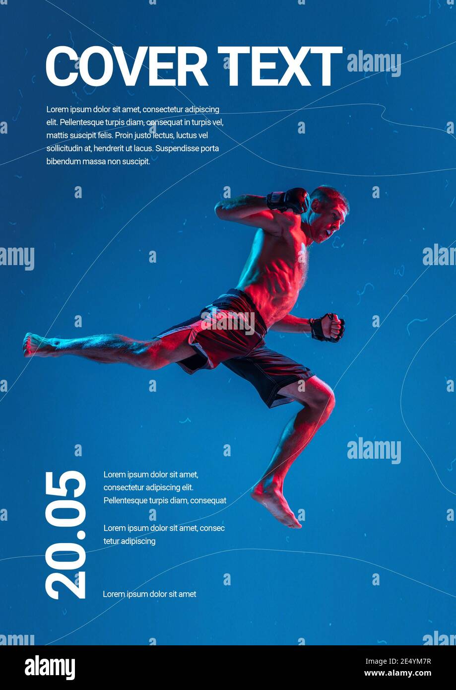 MMA fighter, flying in high jump. Sport event poster in neoned colors ...