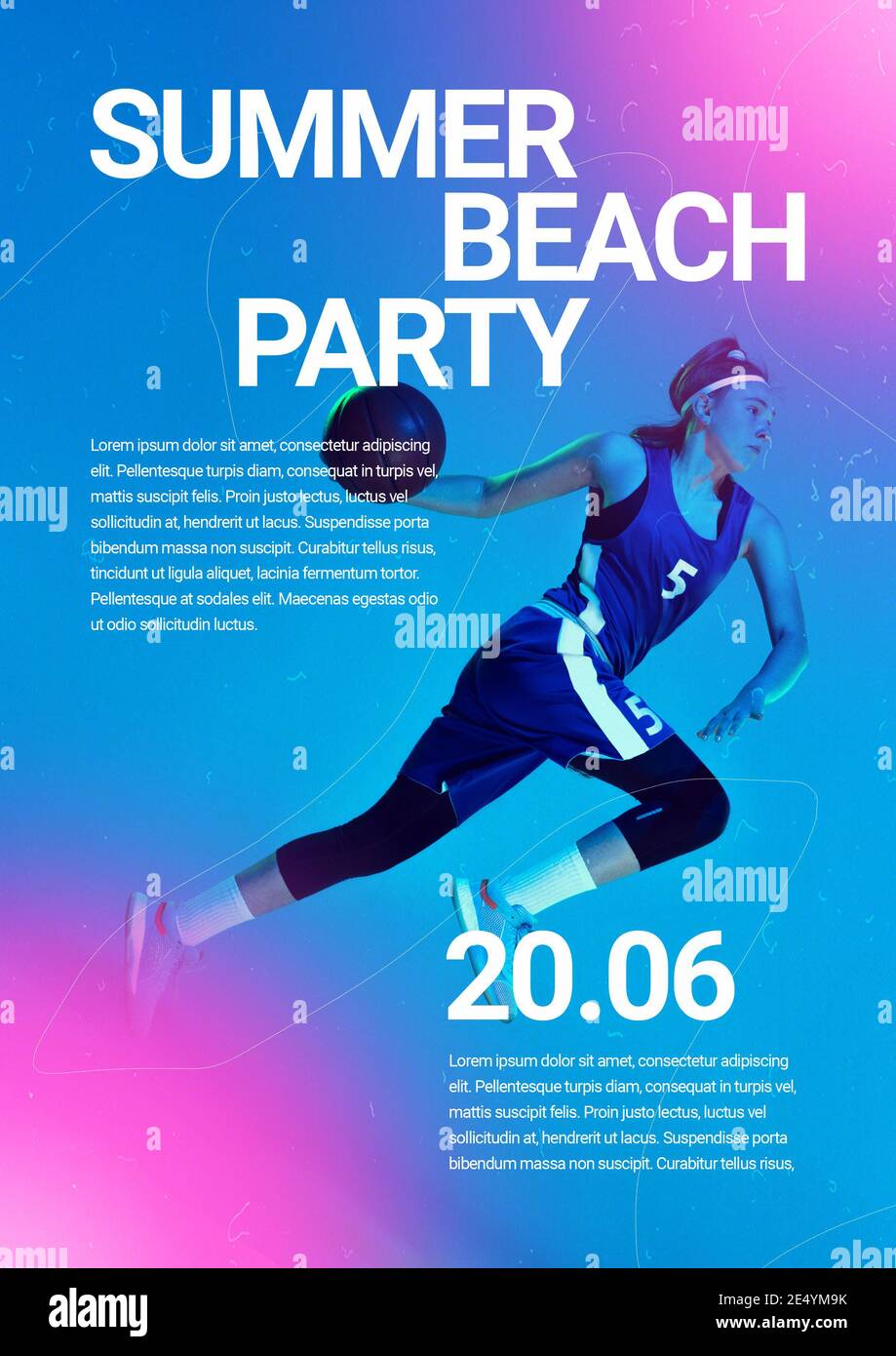 Basketball girl in flight, high jump. Sport event poster in neoned ...