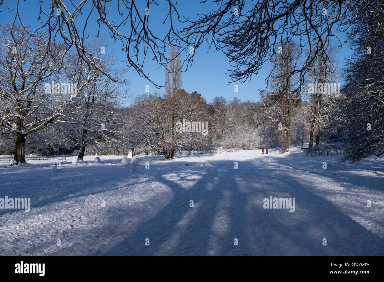 Small figures of people are part of a winter scene in the snow in ...
