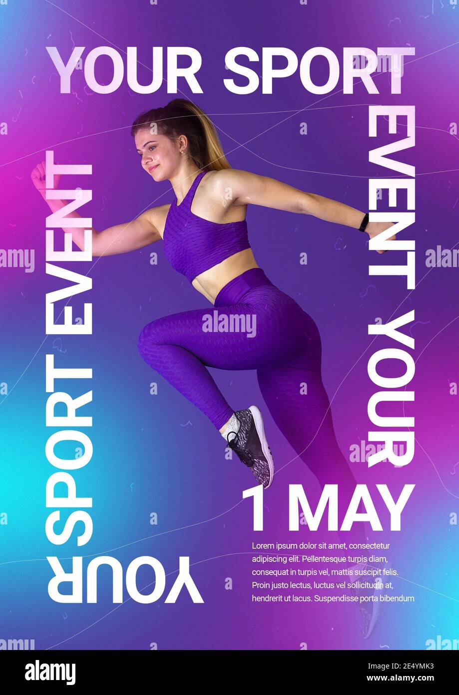 Fitness coach, girl, high jump. Sport event poster in neoned colors ...