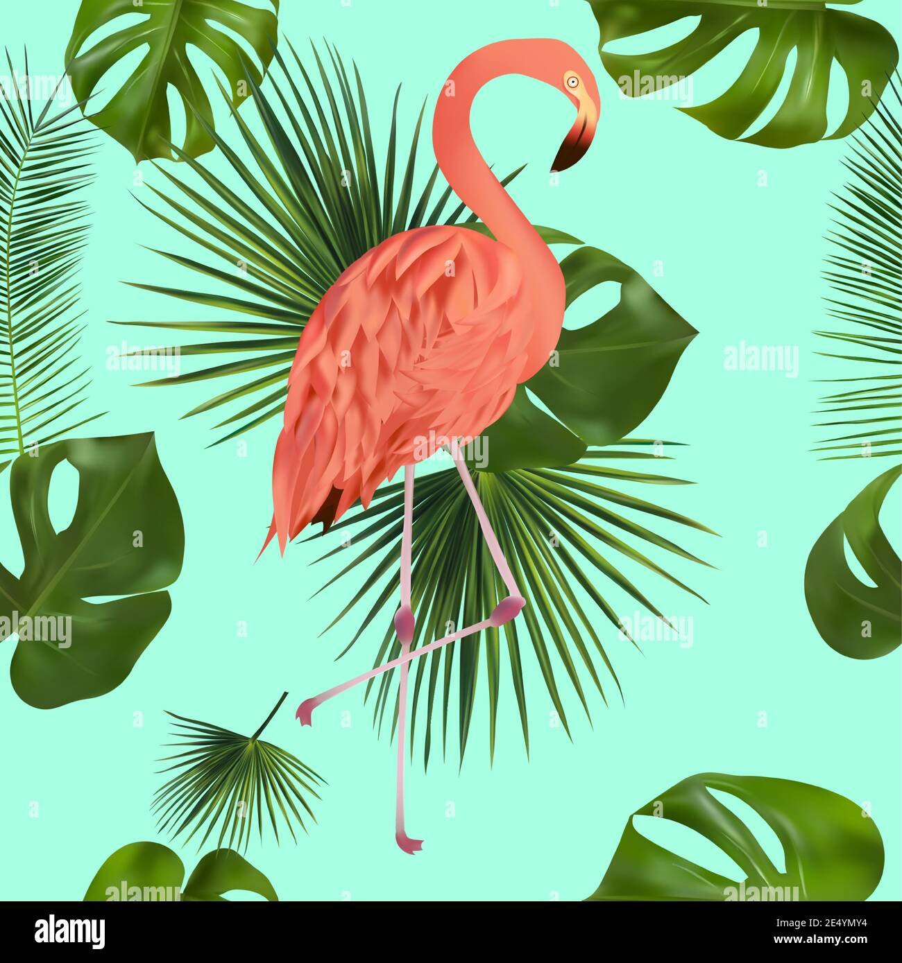 Tropical leaf and pink Flamingo on green background. Seamless pattern ...