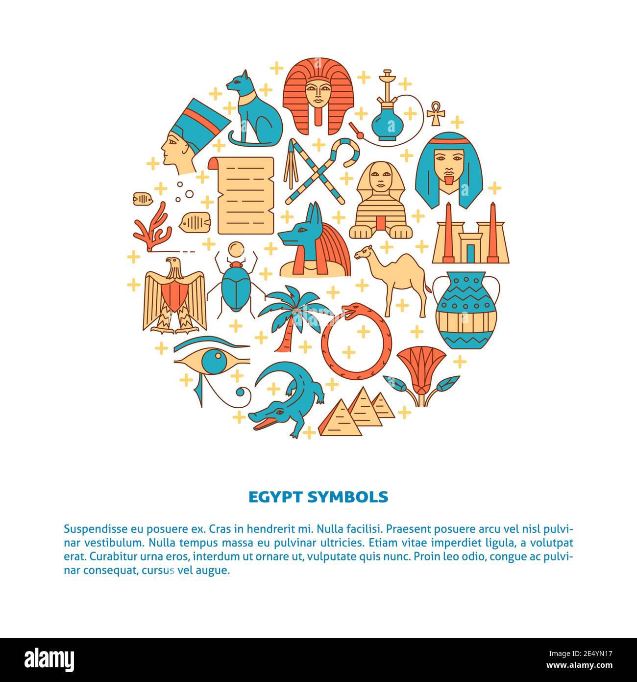 Round banner with Egypt icons in colored line style. Eagle national ...