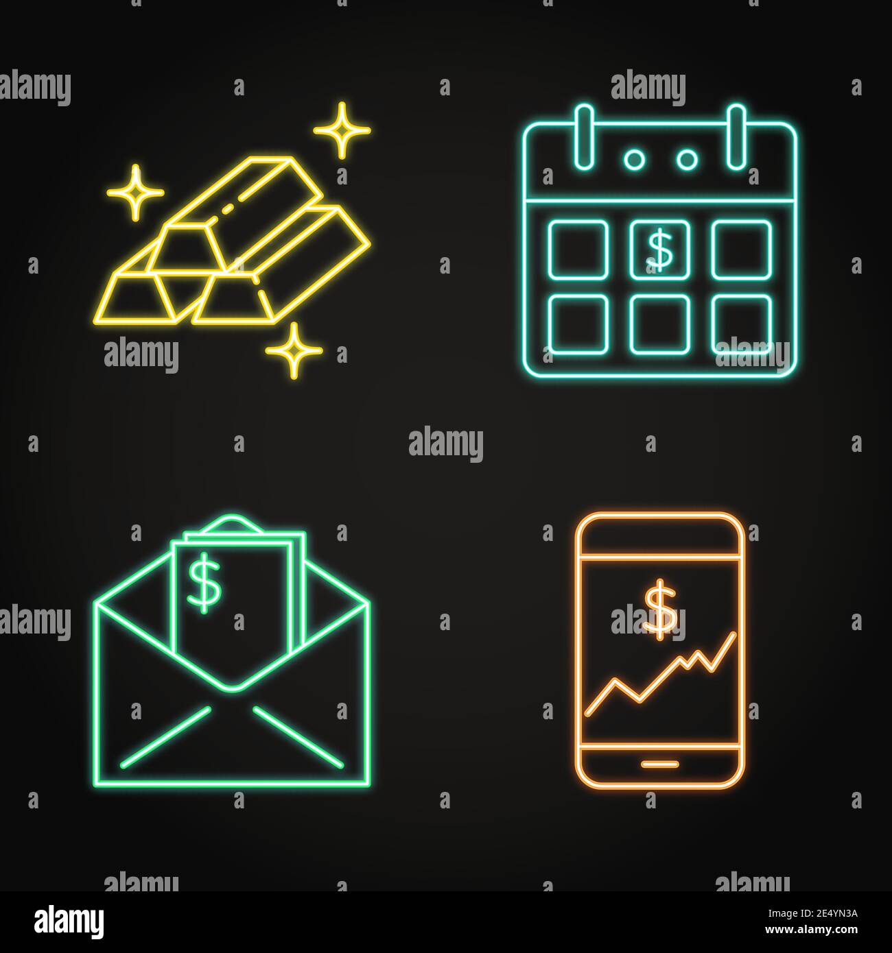 Finance icon set in neon line style. Gold bar stack, calendar with ...