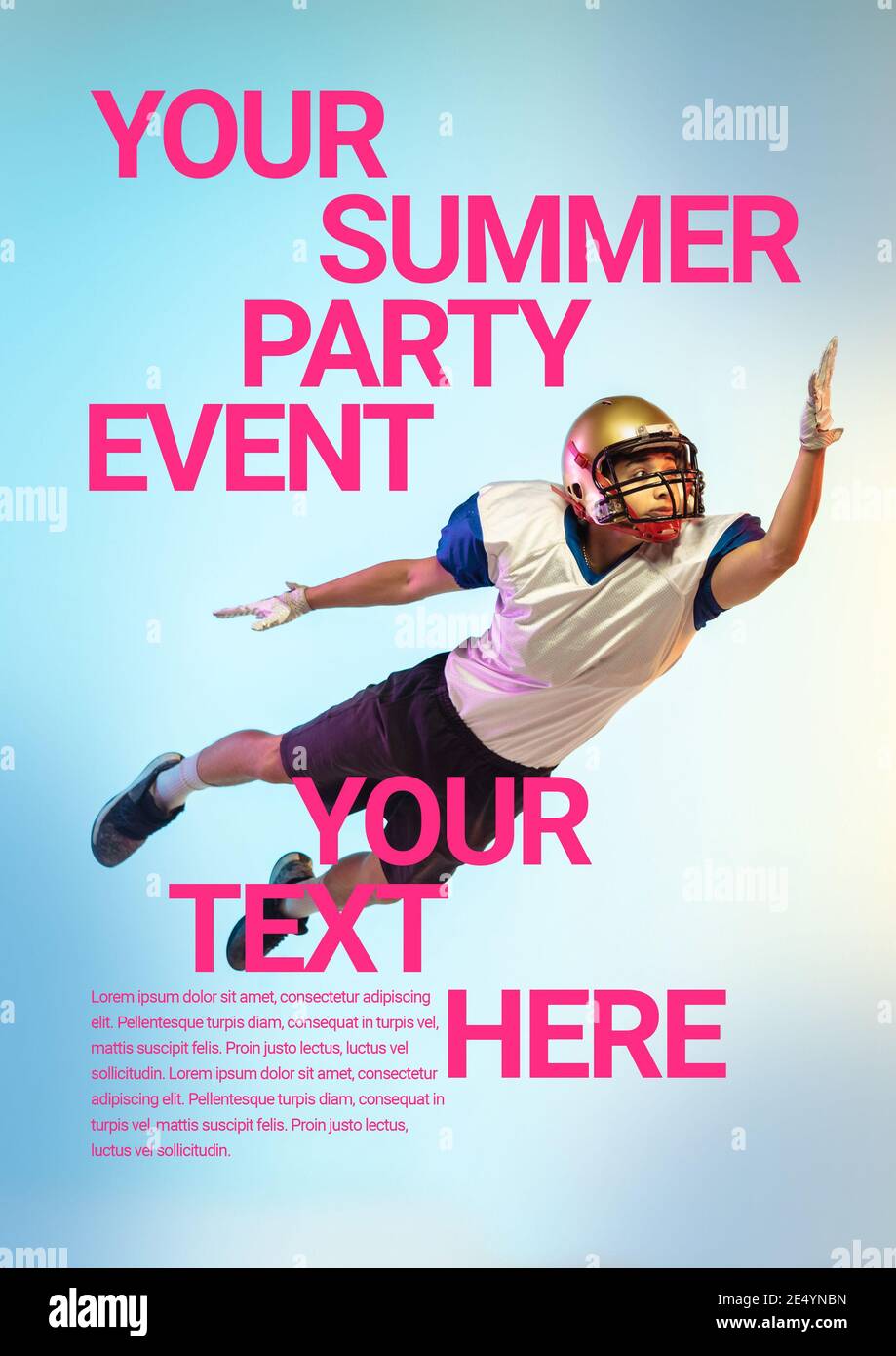 American football player in jump. Sport event poster in neoned colors ...