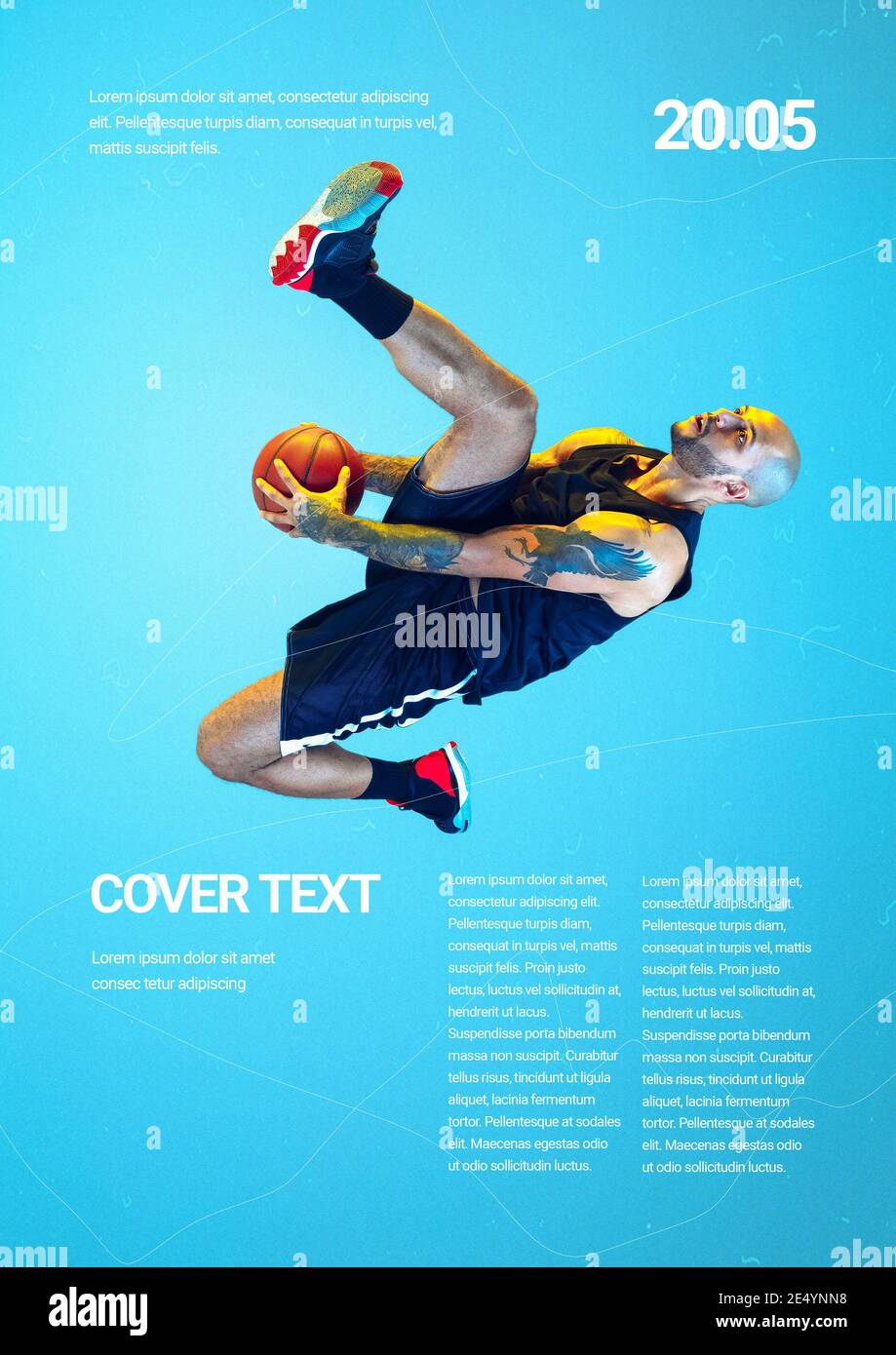 Basketball man in flight, high jump. Sport event poster in neoned ...