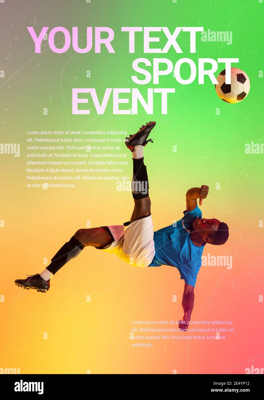 Soccer, football man in flight. Sport event poster in neoned colors ...