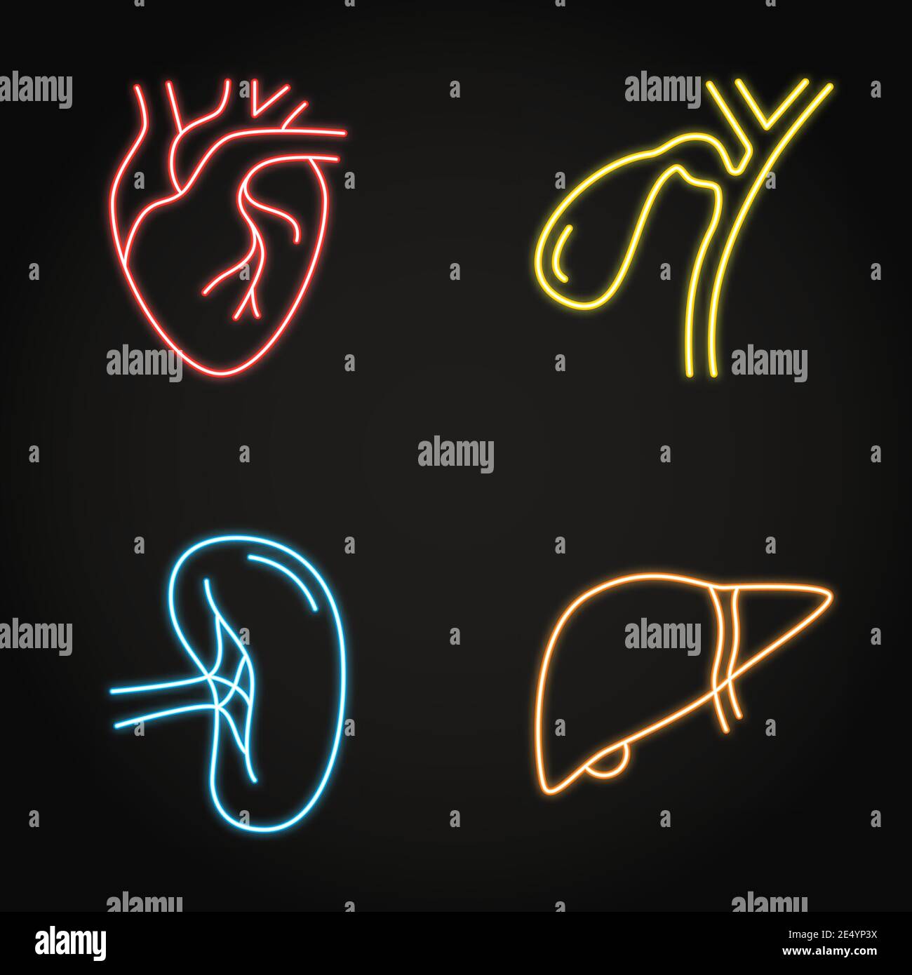 Human internal organs neon icon set in line style. Heart, liver, spleen ...