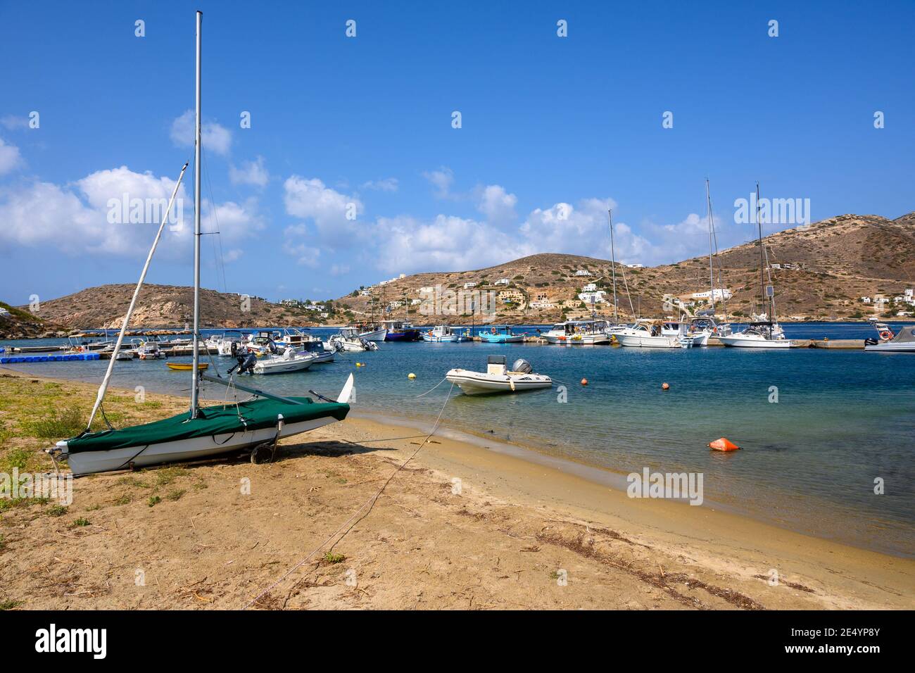 Ios, Greece - September 22, 2020: View of the marina and bay of Ios ...