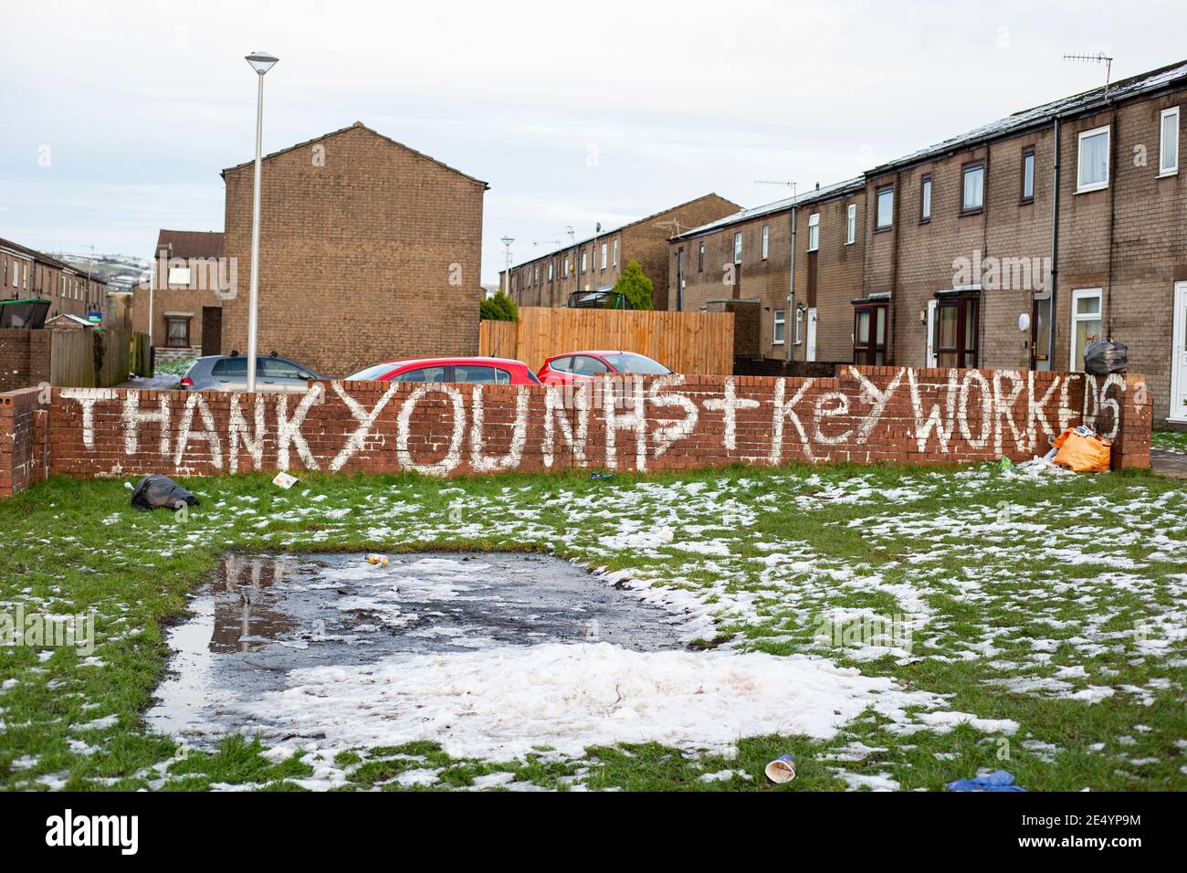 A Thank You NHS mural in Sarn, Bridgend after snowfall across South ...